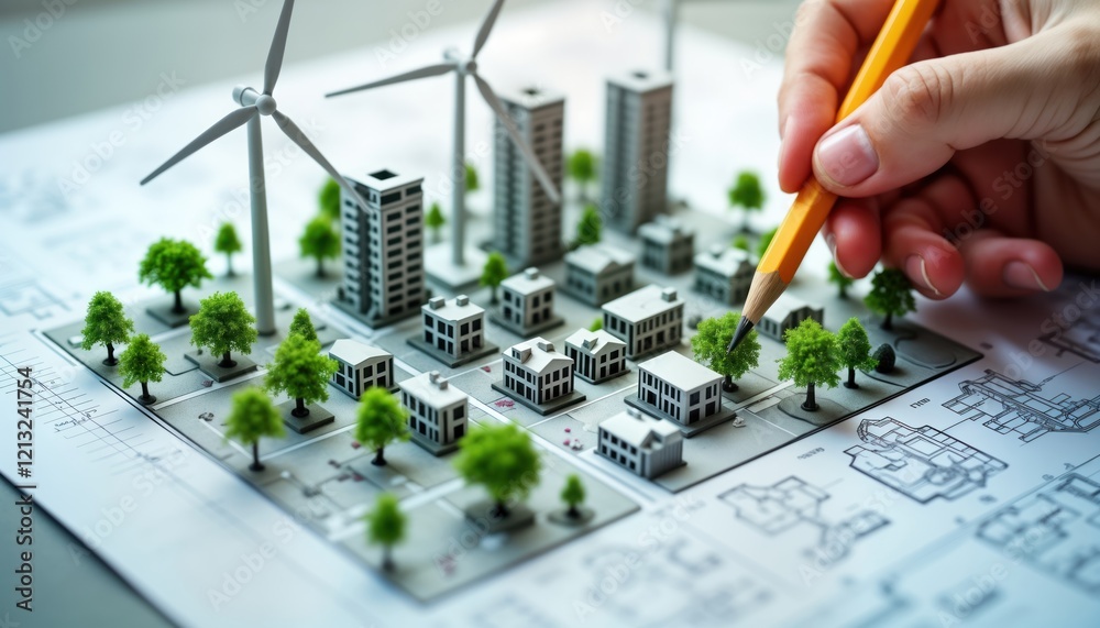Hand draws miniature city model with eco-friendly buildings, trees ...