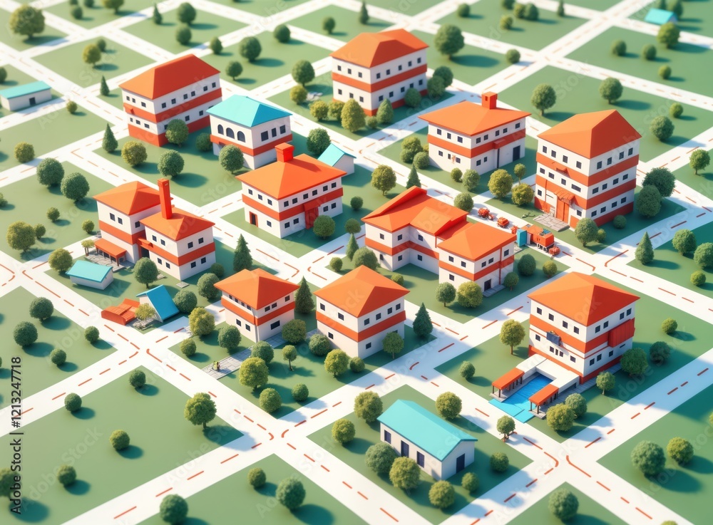 Urban plan design shows various buildings. Residential areas, roads ...