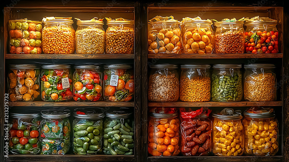 Vibrant, rustic still life of various preserved foods in glass jars on ...