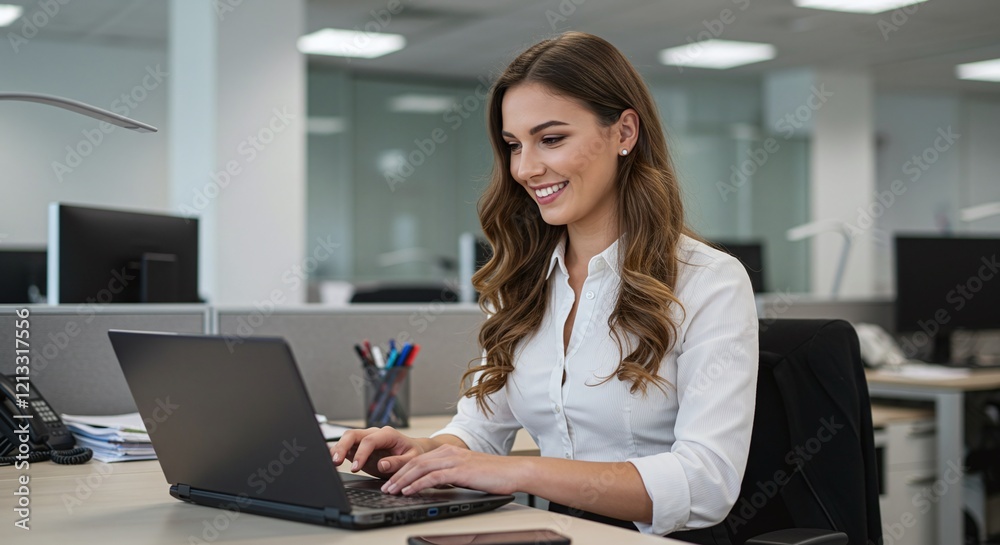 Happy latin hispanic young business woman working on laptop computer in ...