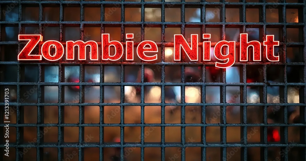 Text "Zombie Night" with a fence and a diffuse background of a crowd of ...