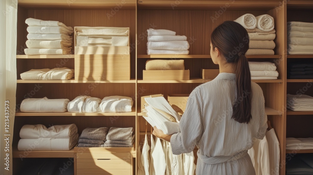 50.A woman in pajamas folding linens and placing them neatly into a ...