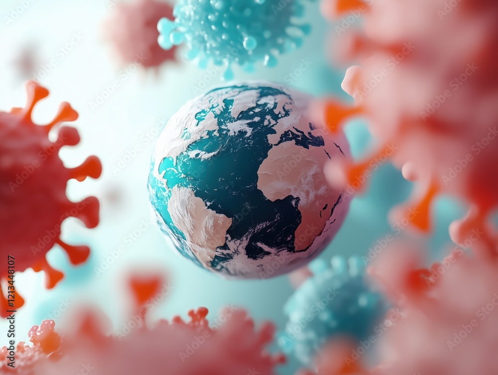 Viruses surrounding Earth in 3D illustration depicting microbiology ...