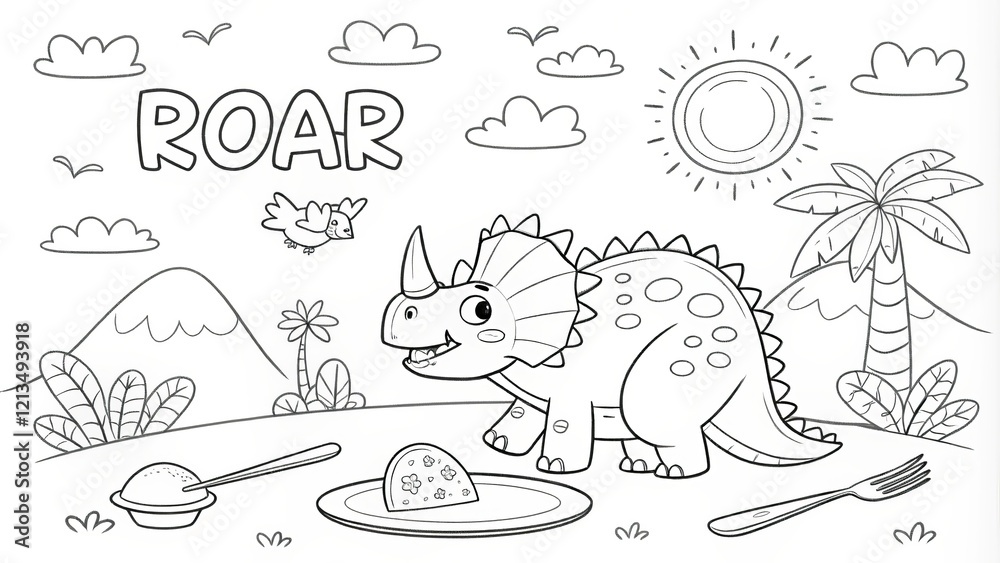 Roar! Triceratops Coloring Page Cartoon Dinosaur Enjoying Dessert,Line ...