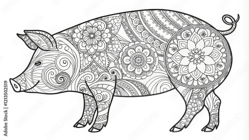 Ornate Pig Mandala Coloring Page Floral Zentangle Design, Black and ...