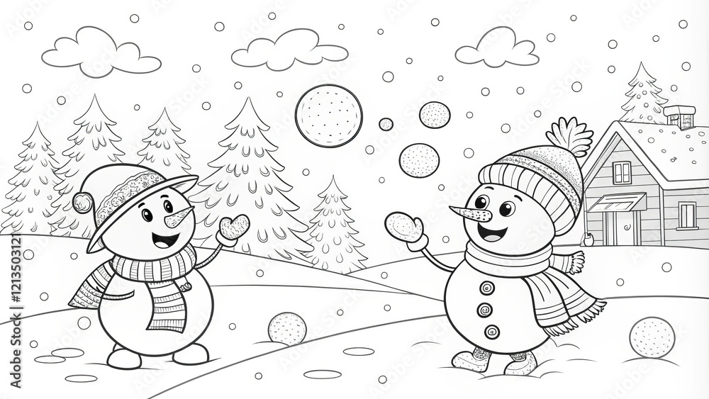 Snowman Snowball Fight Winter Wonderland Coloring Page, Line Art, Snow ...