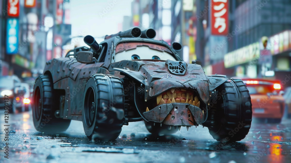 Post-apocalyptic urban vehicle with angry facial features in rainy city ...