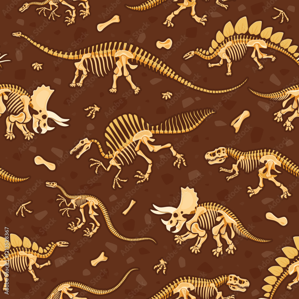 Prehistoric dinosaur fossils seamless pattern. Dino skeletons, bones ...