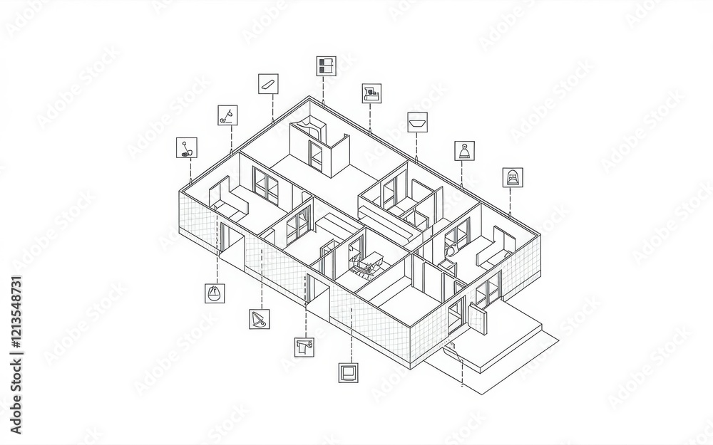 Isometric Drawing Showing House Floor Plan With Furnishings Stock ...