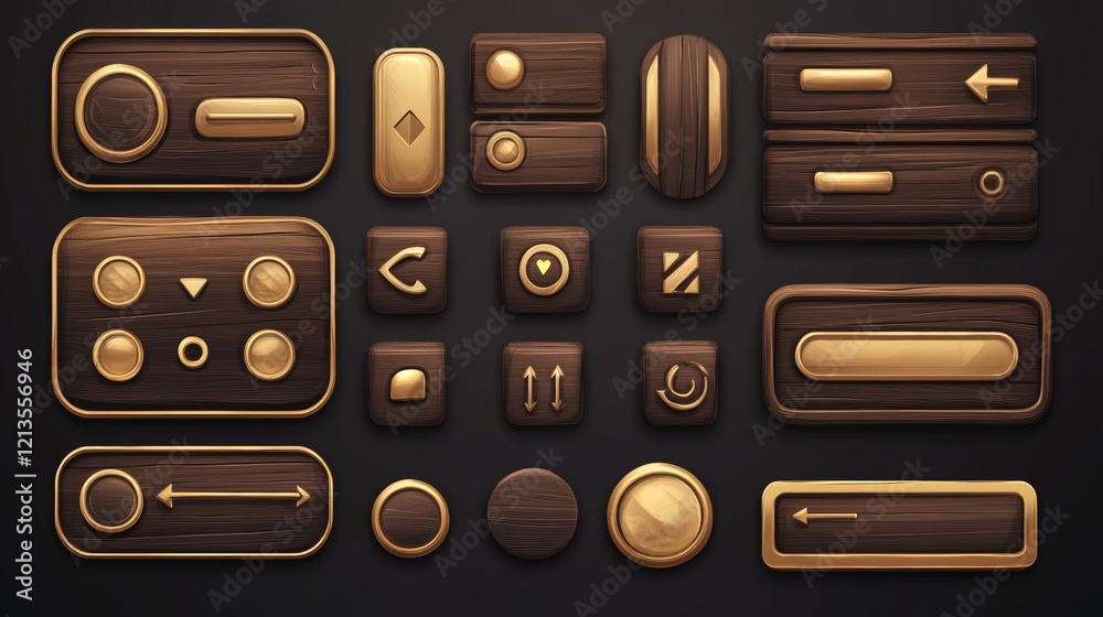 Wooden and gold buttons for ui game, gui elements isolated on white ...