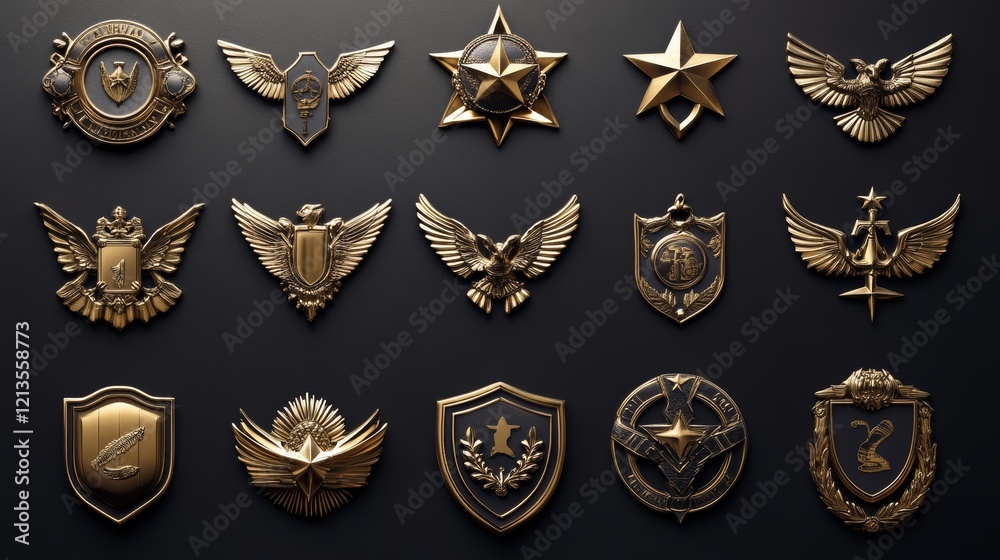 Army rank badges, gold military insignia signs. Game icons of golden ...