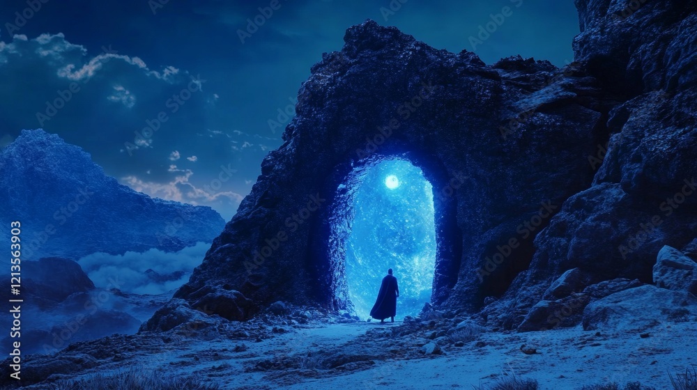 Knight and magic portal in stone frame on mountain landscape at night ...