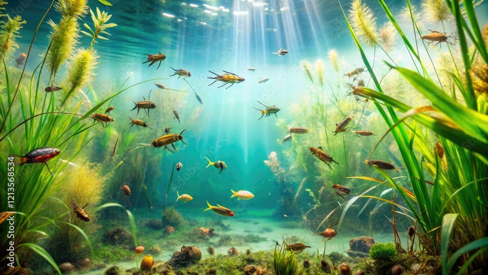 Aquatic insects swimming in a shallow pool of aqua-colored water with ...