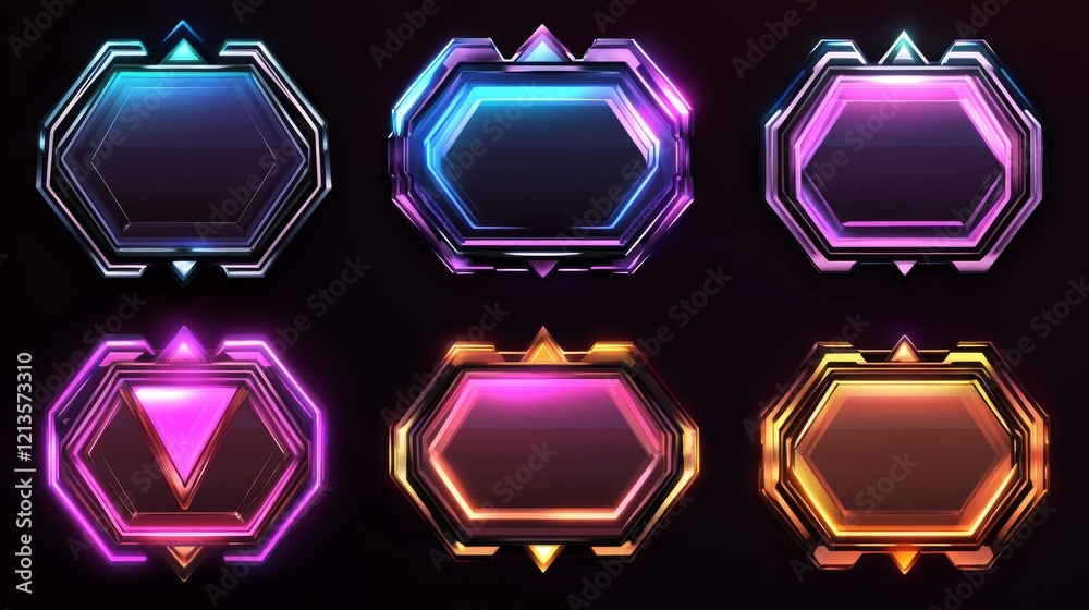 Sci fi neon game rank avatar metal hexagon frame vector set. Cartoon ...