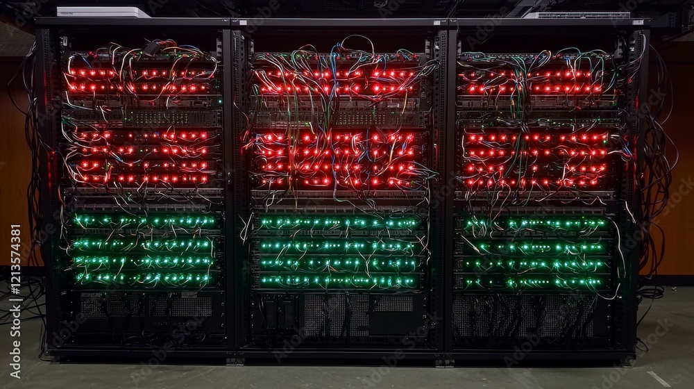 Server room background featuring organized server racks with flashing lights, network cables ...