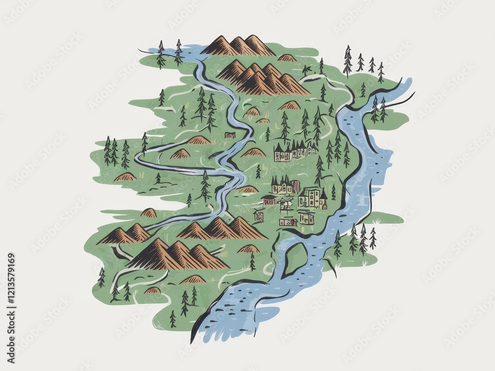 Illustrated Map Showing River Valley Village Mountains Stock ...