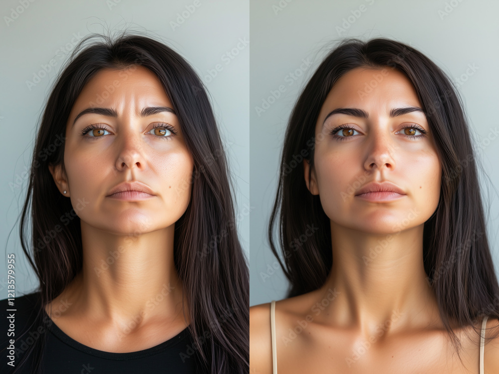before and after of 30 or 40 year old woman face with wrinkles ...