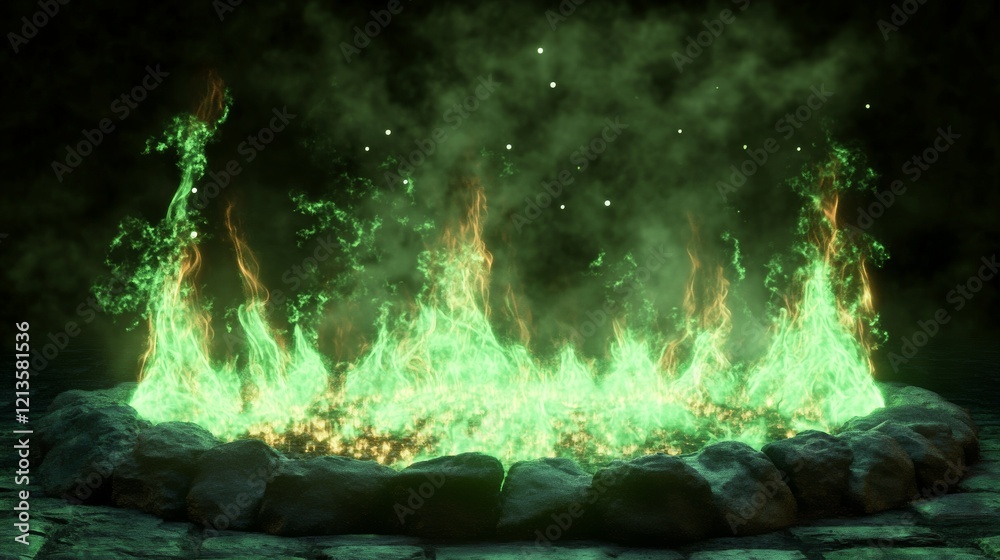 Green fire effect overlay with ember and smoke realistic background ...