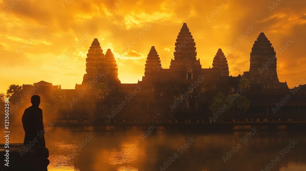 silhouette of a person standing at the edge of the Angkor Wat moat ...