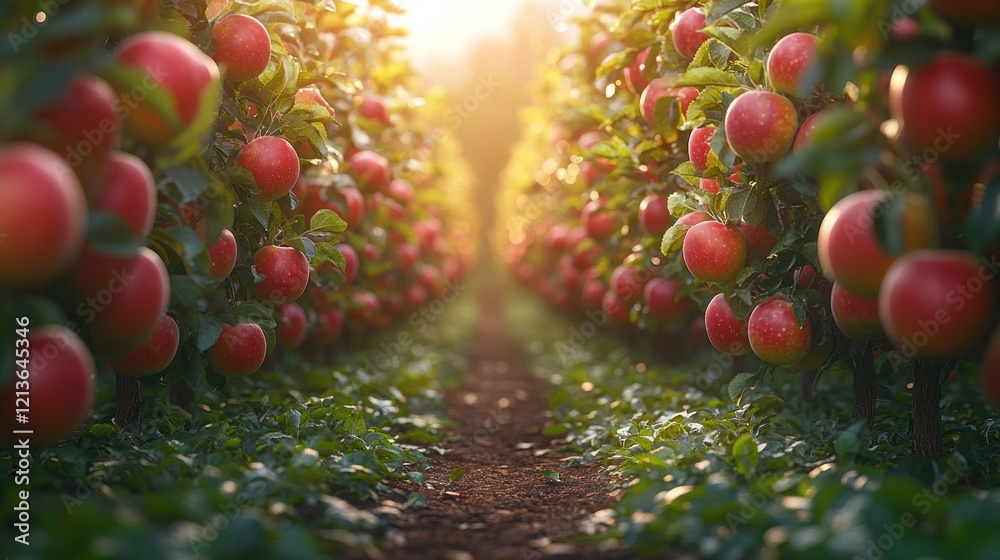 Apple Orchard with Ripe Trees and Narrow Pathway Under Clear Blue Sky ...
