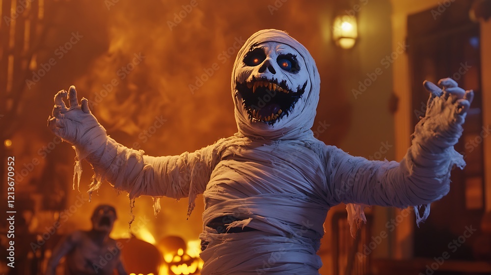 Animated creatures like a mummy werewolf and zombie celebrating ...