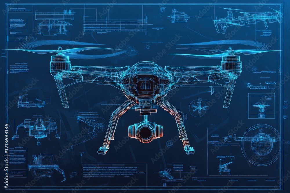 Detailed blueprint of a drone displaying design specifications and technical features in a blue ...