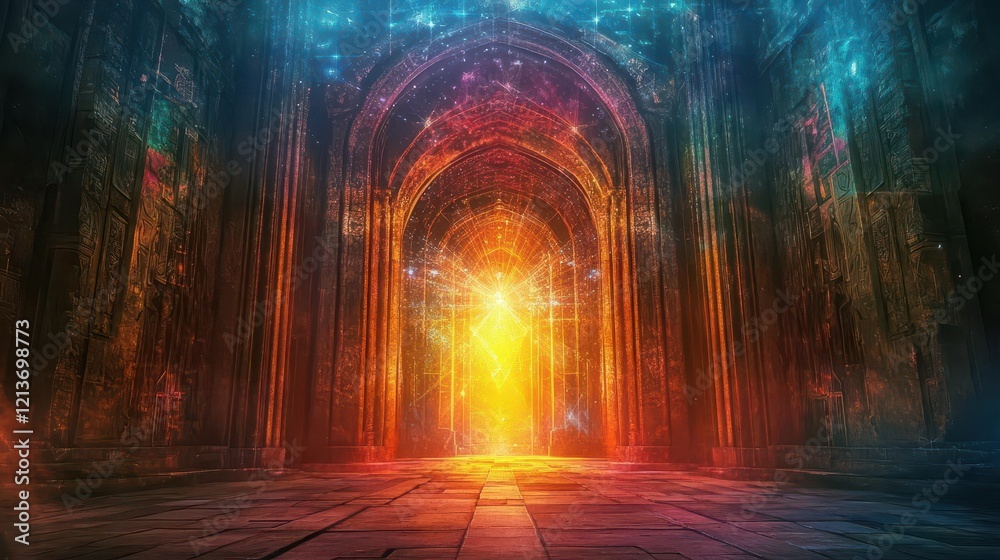 ancient temple portal with ethereal light streaming through stained ...