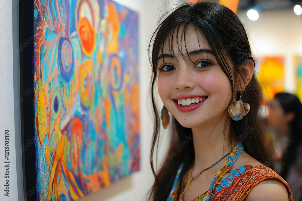 Artist beams with genuine surprise at the crowd during her first gallery opening, showcasing ...
