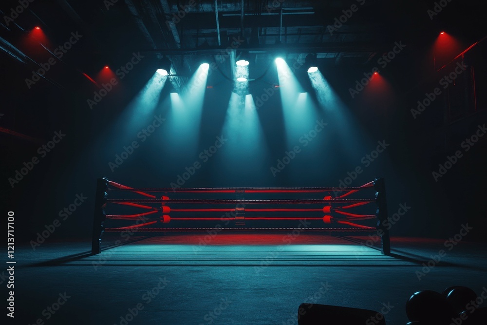 Illuminated boxing ring in a dark gym with dramatic lighting during a ...