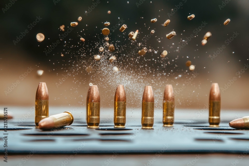 Bullets in mid-air as they are fired from a firearm, showcasing motion ...
