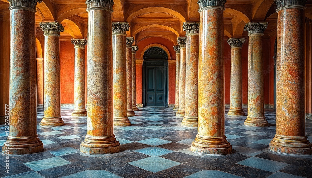 Marble columns in grand hall with checkered floor and distant door ...