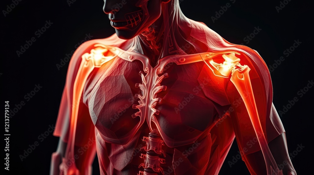 human anatomy, upper torso, skeletal structure, glowing red energy ...