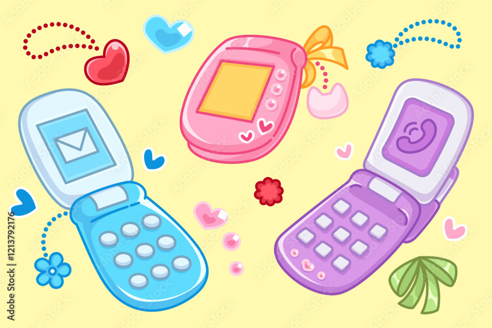 Y2k retro mobile phones set on yellow background - closed pink device ...
