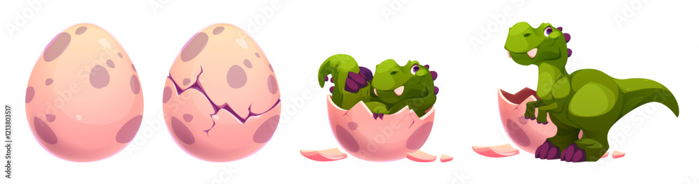 Vetor Cute green dinosaur reptile hatching sequence from spotted egg ...