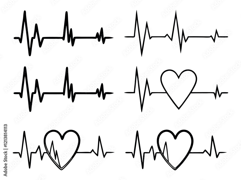 Black heartbeat line collection with heart symbol, cardiology, medical ...