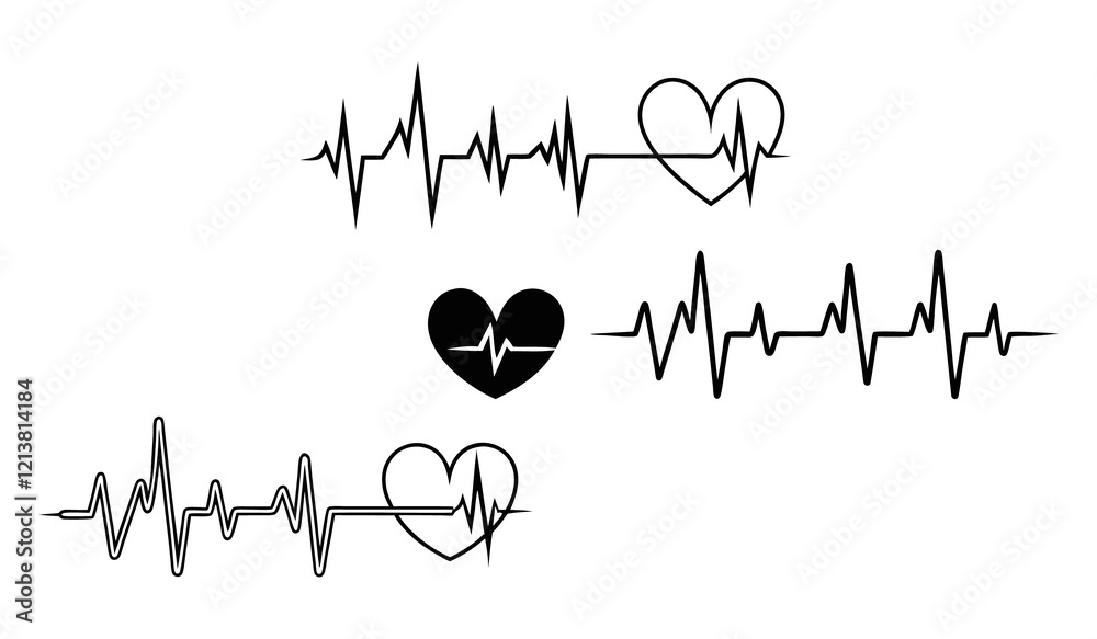 Black heartbeat line collection with heart symbol, cardiology, medical ...
