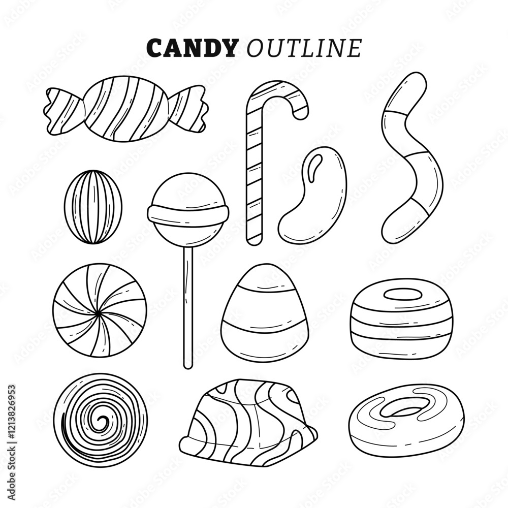 Set of different types of sweet candy outline collection with line art ...