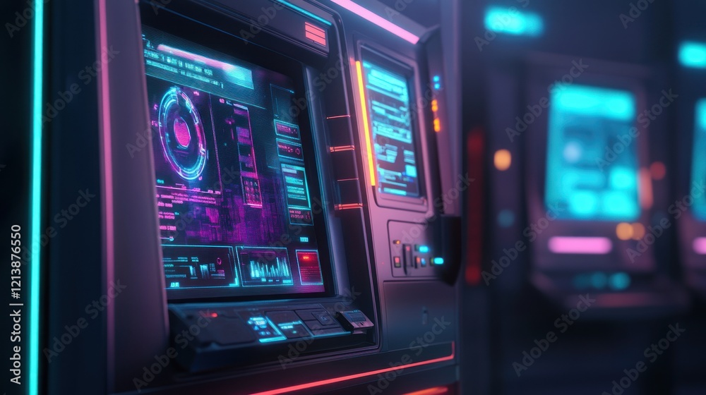 Futuristic terminal displays data, server room, neon glow, sci-fi UI ...