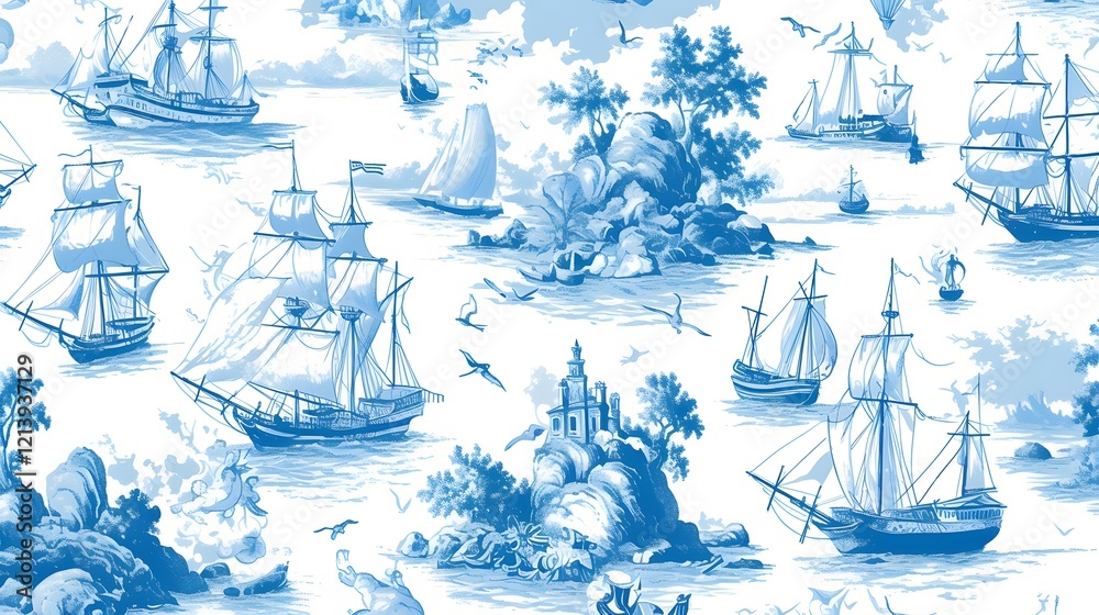 Nautical toile de jouy pattern in blue and white, perfect for classic ...