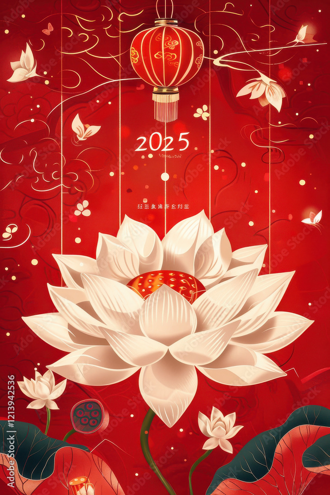2025 Calendar with Lotus Lantern on Red Background for New Year ...