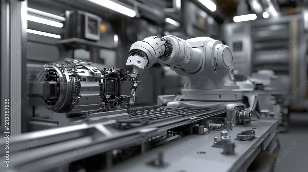 An industrial robot handling car parts during the assembly process in a ...