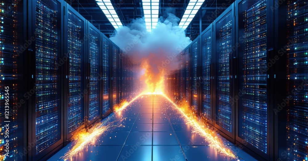 Illustration Stock Data center explosion with fire, sparks, and smoke ...