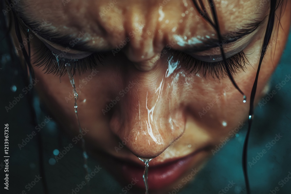 Close up of a wet woman crying with tears streaming down her face like ...