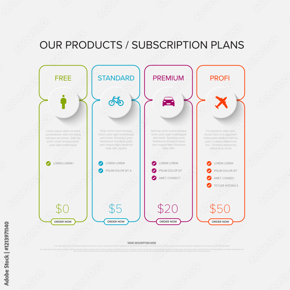 Subscription plan comparison chart displayed with four options: Free ...