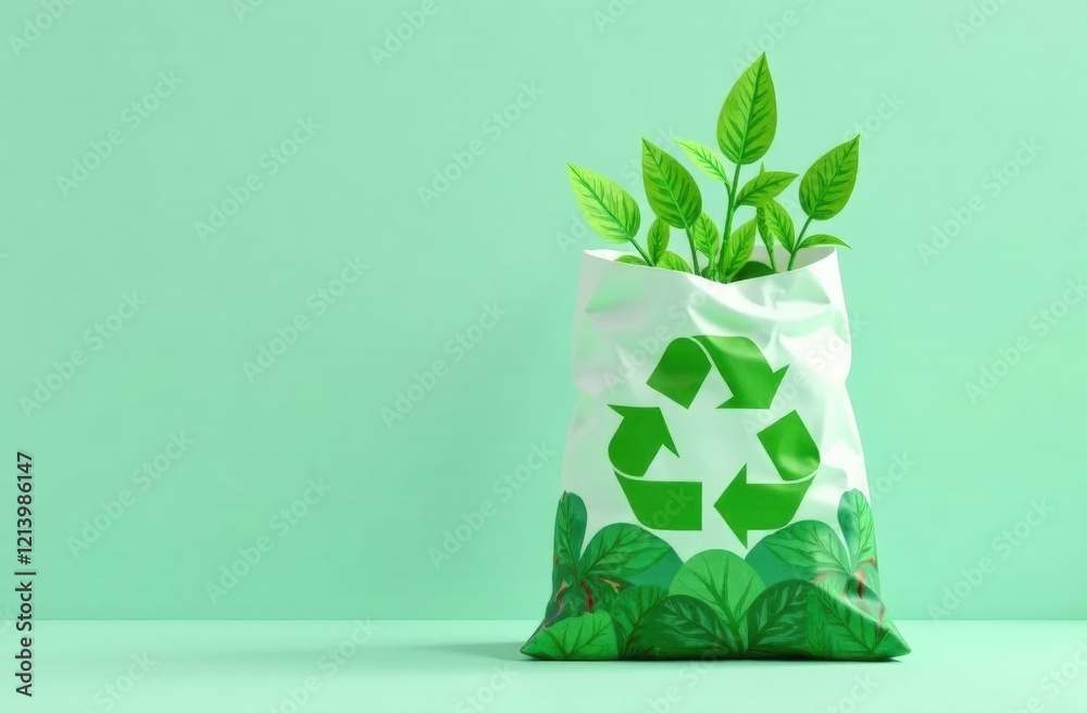 Recycle banner design, a plastic bag with recycle sign and many plants ...