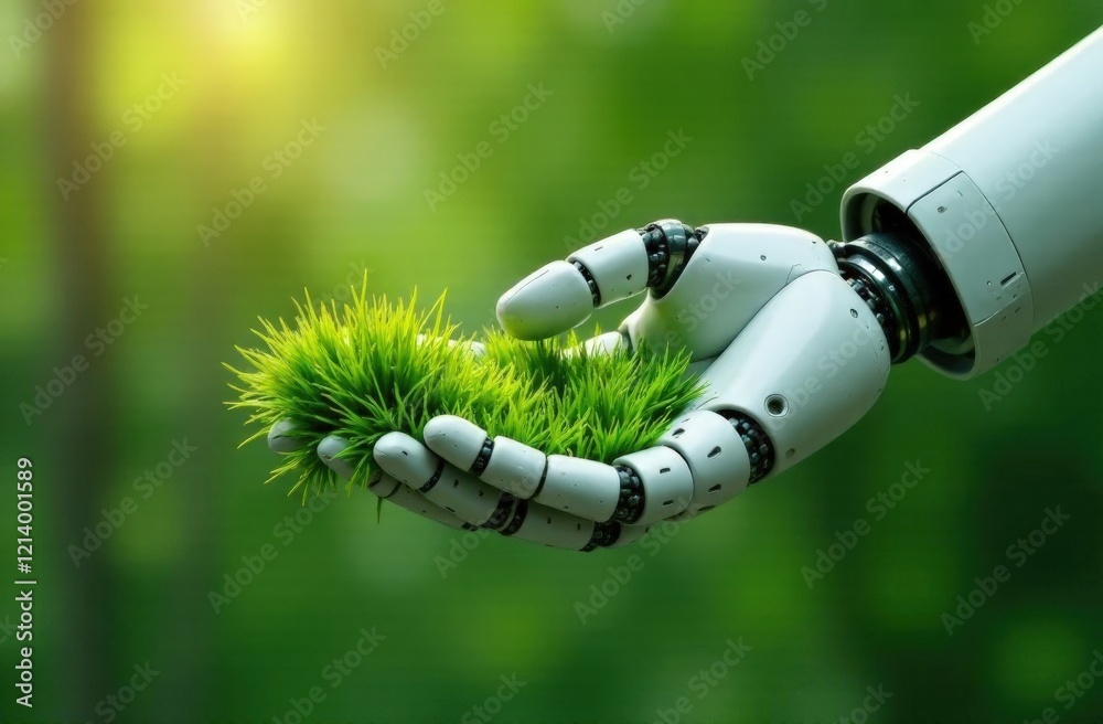 Robot hand holding plant for to plant trees on forest .as a symbol of ...