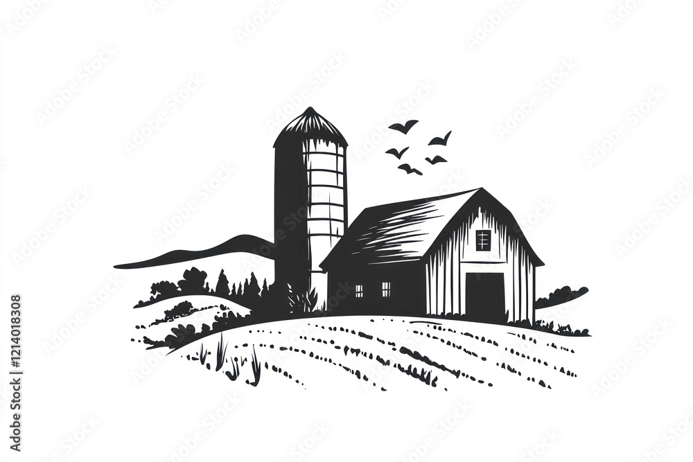 Rustic farm scene with barn and silo, drawn in a vintage style ...