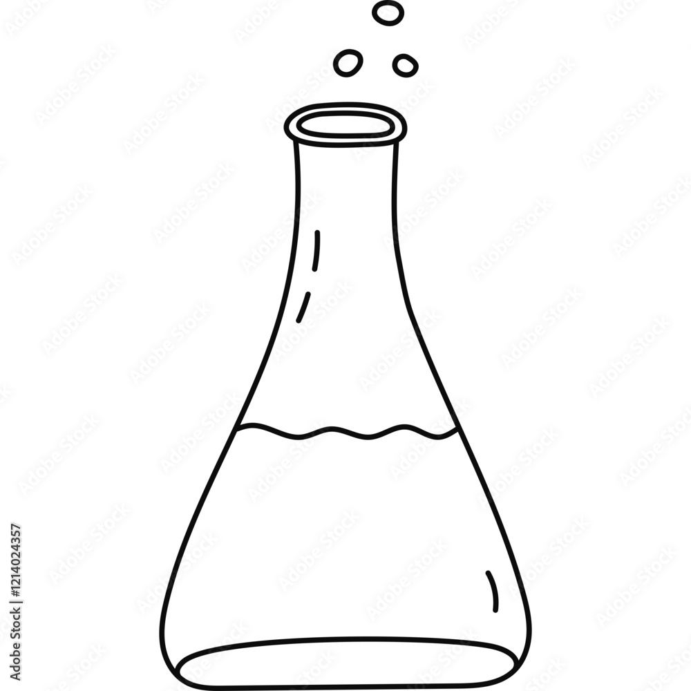 Cute doodle laboratory beaker with chemical solution and bubbles. Flat ...