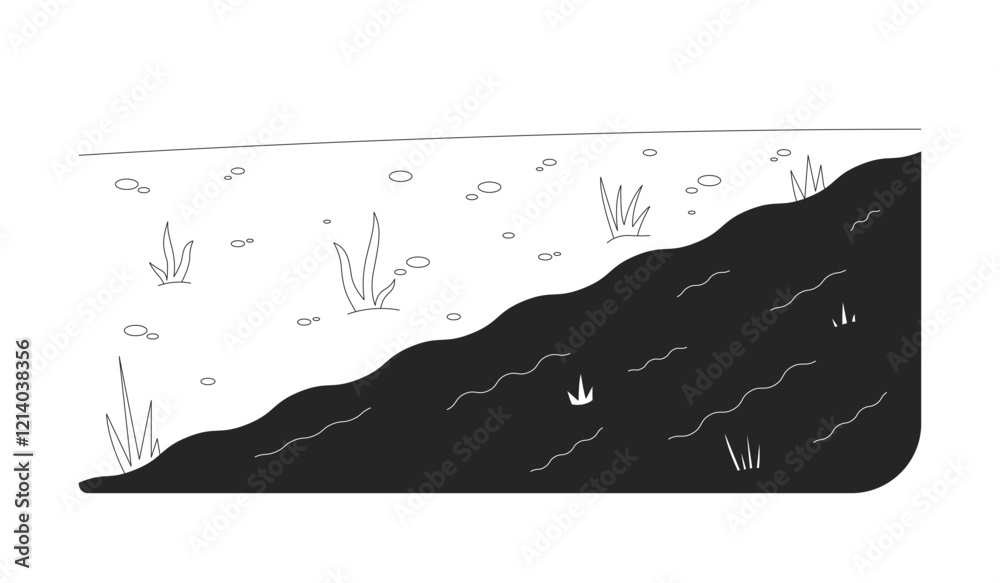 Cross-section of land with grass and water linear illustration ...