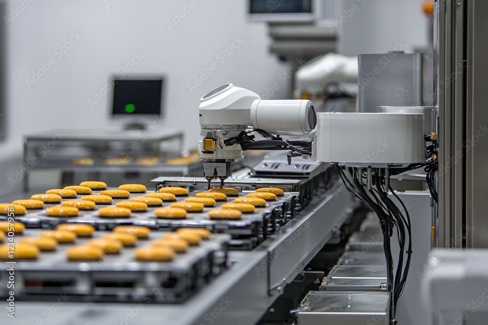 Automated food production line with robotic arm placing glazed pastries on conveyor belt Stock ...